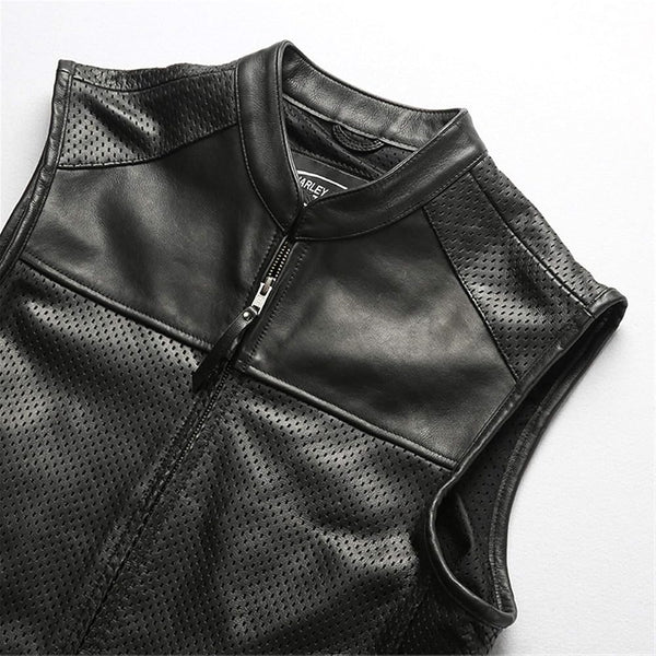 Black Collared Mesh Breathable Outdoor Leisure Motorcycle Men's Cowhide ...
