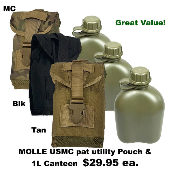 RECON GS2S Mesh MOLLE USMC pat utility Pouch + 1L Canteen - Kit Bag Perth